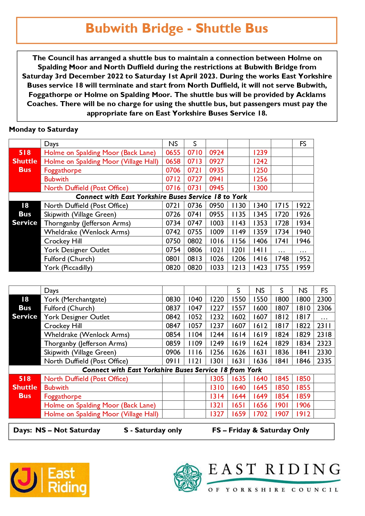 Bus Timetables Bridge Closure - Bubwith Parish Council