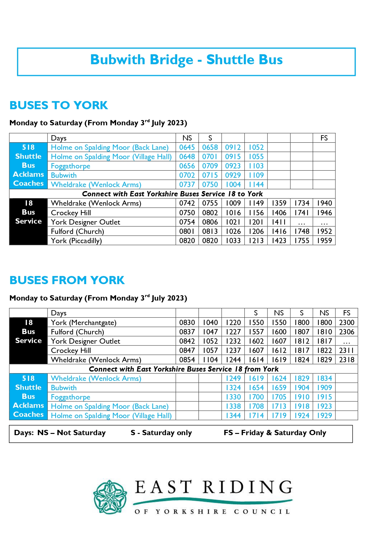Bus Timetables Bridge Closure - Bubwith Parish Council
